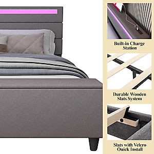 Kallabe Full Size Bed Frame with Ottoman, Upholstered Headboard with LED Lights and USB Ports, Noise-Free Bed Frame with Solid Wooden Slats Support, No Box Spring Needed, Easy Assembly, Grey
