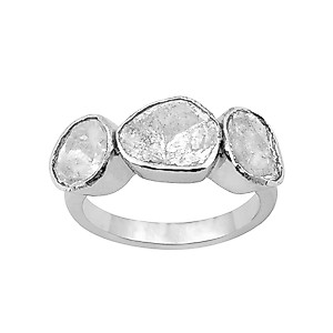 Shine Jewel 0.25 CT Natural Uncut Polki Diamond 3-Stone Ring Platinum Plated 925 Sterling Silver Handmade Jewelry Gift for Women Size 9