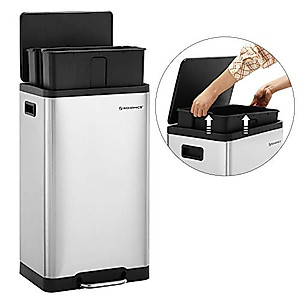 SONGMICS Trash Can, 12-Gallon Pedal Garbage Can, Stainless Steel Step Bin, Plastic Inner Bucket and Lid, Soft Closure, Fingerprint Proof, for Kitchen, Living Room, Silver ULTB007E01
