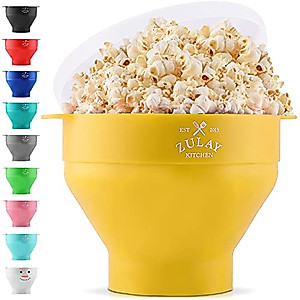 Zulay Kitchen Large Microwave Popcorn Maker - Silicone Popcorn Popper Microwave Collapsible Bowl With Lid - Family Size Microwave Popcorn Bowl - Bright Yellow