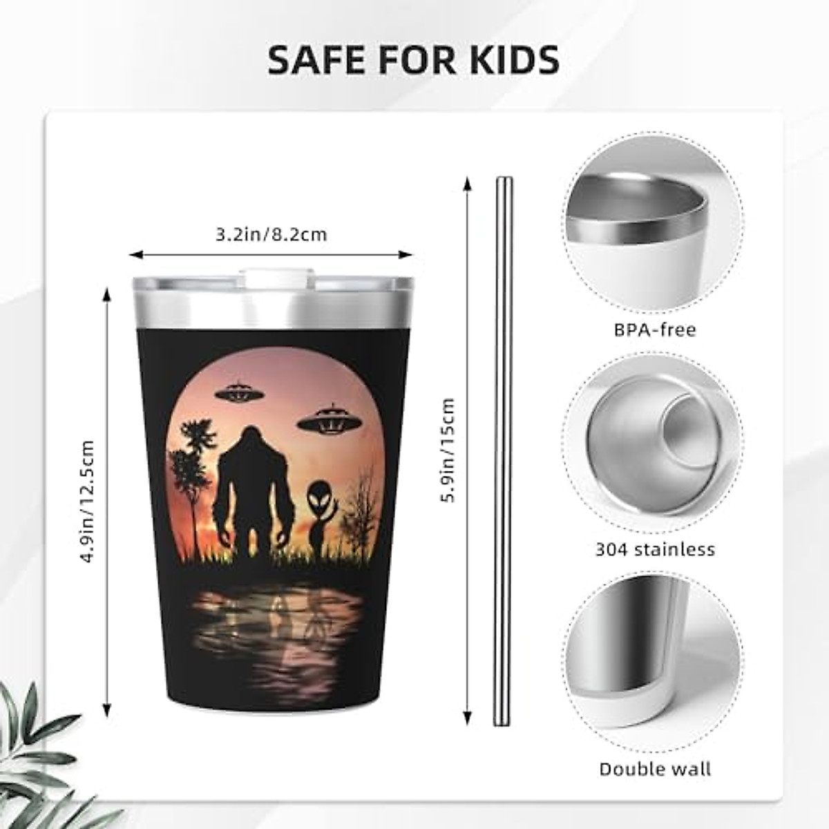 12oz Tumbler Bigfoot Moon Sasquatch Ufo Stainless Steel Cup With Straw And Lid Spill Proof Bulk Double Wall Vacuum Reusable Water Tumblers For Cold Hot Drink