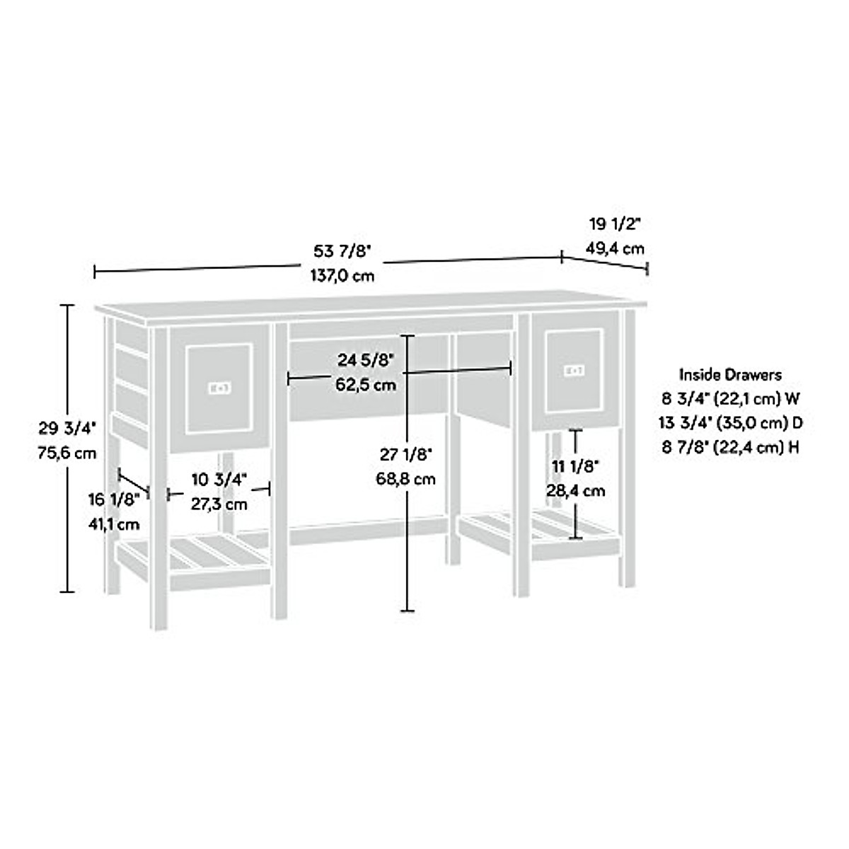 Sauder Cottage Road Desk, L: 53.94" x W: 19.45" x H: 29.76", Mystic Oak Finish