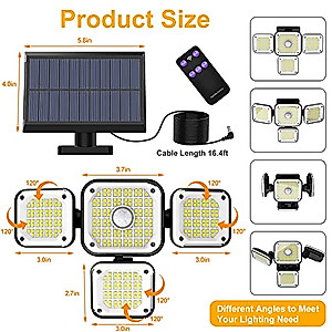 Solar Outdoor Lights Motion Sensor, 292 LED Solar Flood Lights w/Remote Control, 4 Heads Solar Panel Powered Security Lights IP65 Waterproof, Wired Solar Wall Lights for Garage Yard Shed Garden