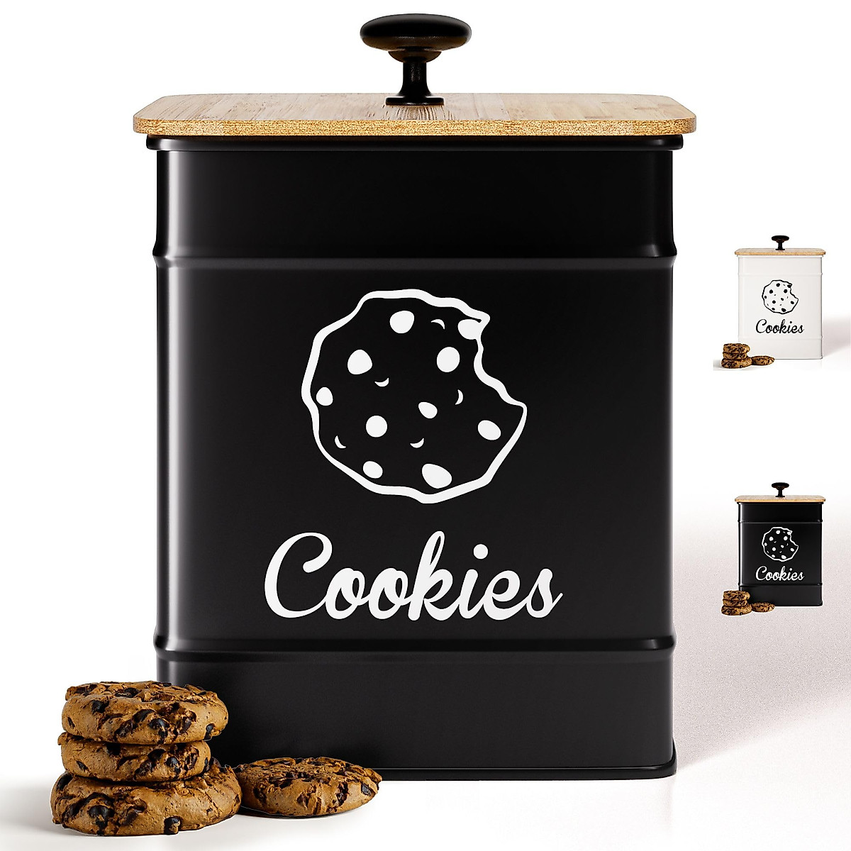 Cookie Jar with Airtight Bamboo Lid - 6"W x 6"D x 8"H Black Iron Cookie Tin - Large Cookie Jars with Lids Airtight - Farmhouse Cookie Jars for Kitchen Counter Decorative - Cute Cookie Jar Airtight Lid