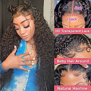 Water Wave Lace Front Wigs Human Hair Wigs for Black Women 13x4 Lace Front Wigs Human Hair Pre Plucked with Baby Hair Wet and Wavy HD Lace Frontal Wigs 180% Density Natural Color 28inch