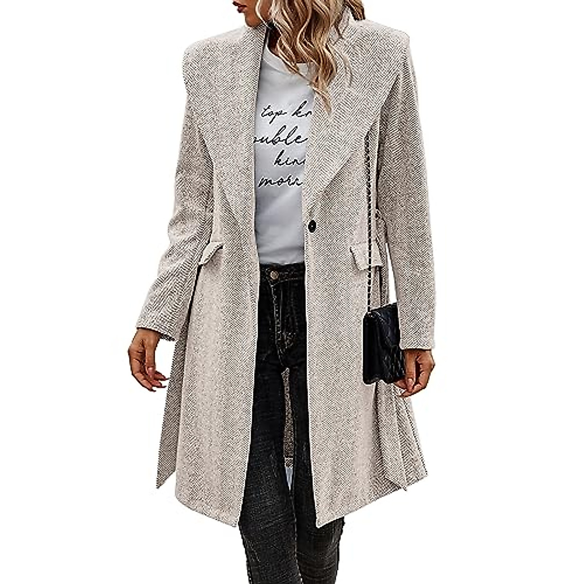 ECOWISH Women Coat Long Jacket: Winter Fashion Long Sleeve Lapel Casual Overcoat With Belt Beige Large