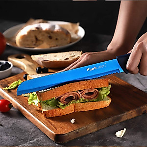 Wanbasion Blue Serrated Bread Knife 8 Inch, Bread Knife Serrated with Sheath, Stainless Steel Bread Knife for Homemade Bread
