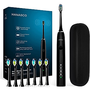 Hanasco Sonic Electric Toothbrush for Adults, 4 Modes with 2 Minute Timer, 8 Brush Heads Included, Whitening Clean 4 Hours Charge for 100 Days Use, Soft Bristles, 38,000 VPM Black