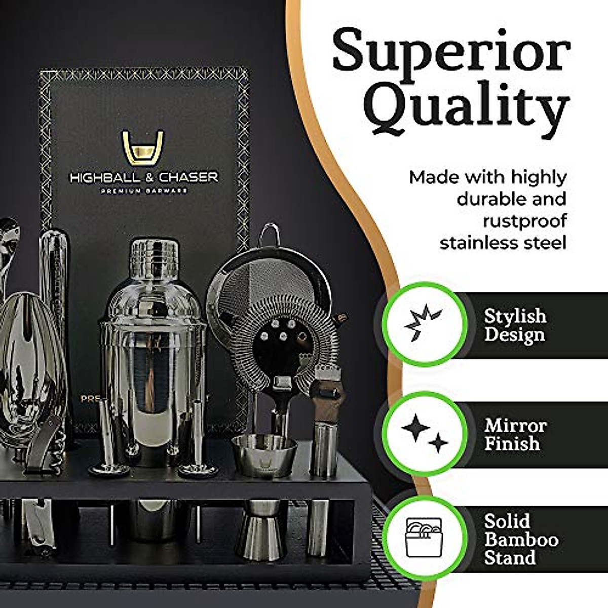 Highball & Chaser 13-Piece Cobbler Cocktail Shaker Set: Black Polished Stainless Steel Bartender Kit for Home Bar Cocktail Set | Laser Engraved Cocktail Tools | Plus E-Book with 30 Cocktail Recipes