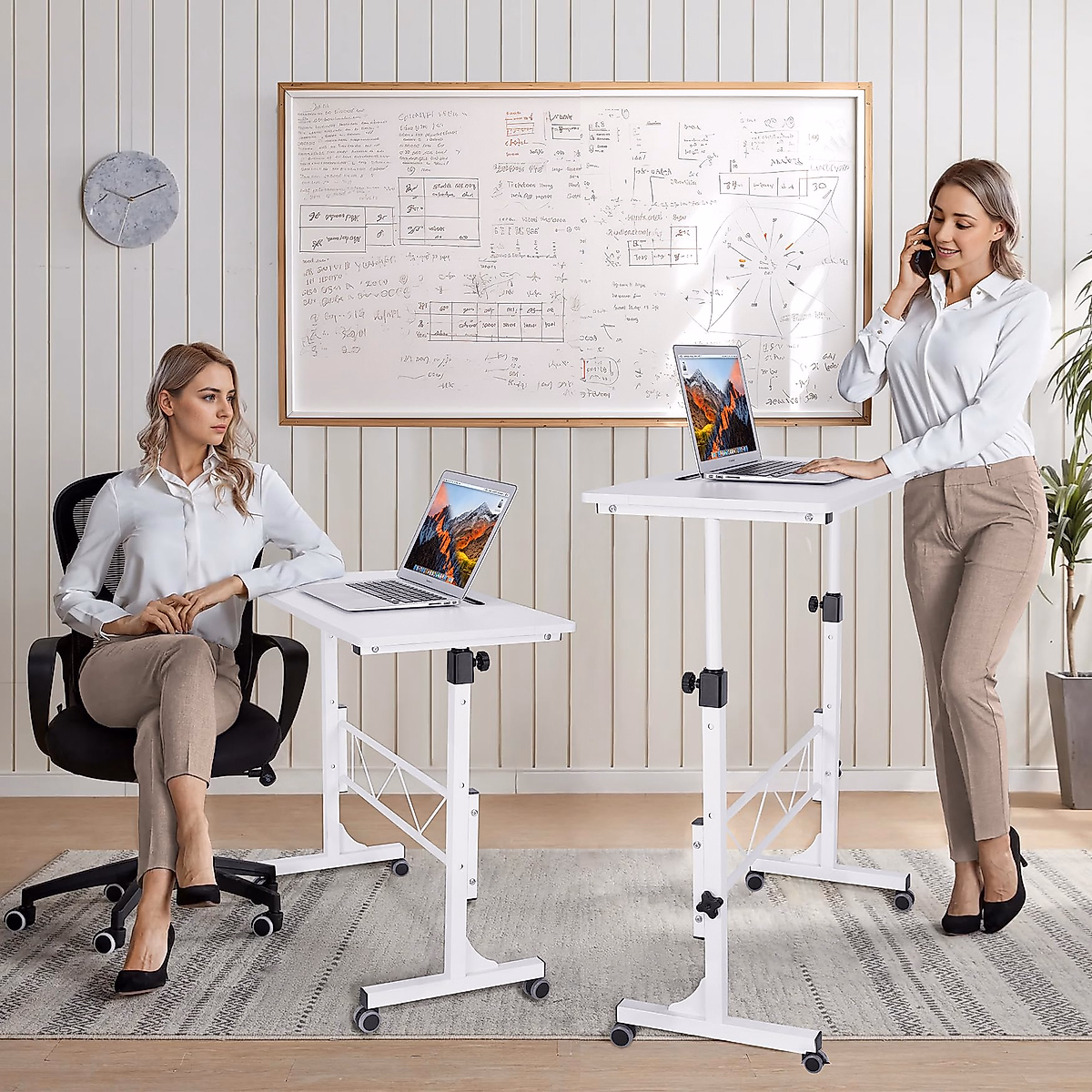 Standing Desk Adjustable Height Portable Mobile Laptop Desk Treadmill Desk for Walk Rolling Wheel Desk Sit to Stand White