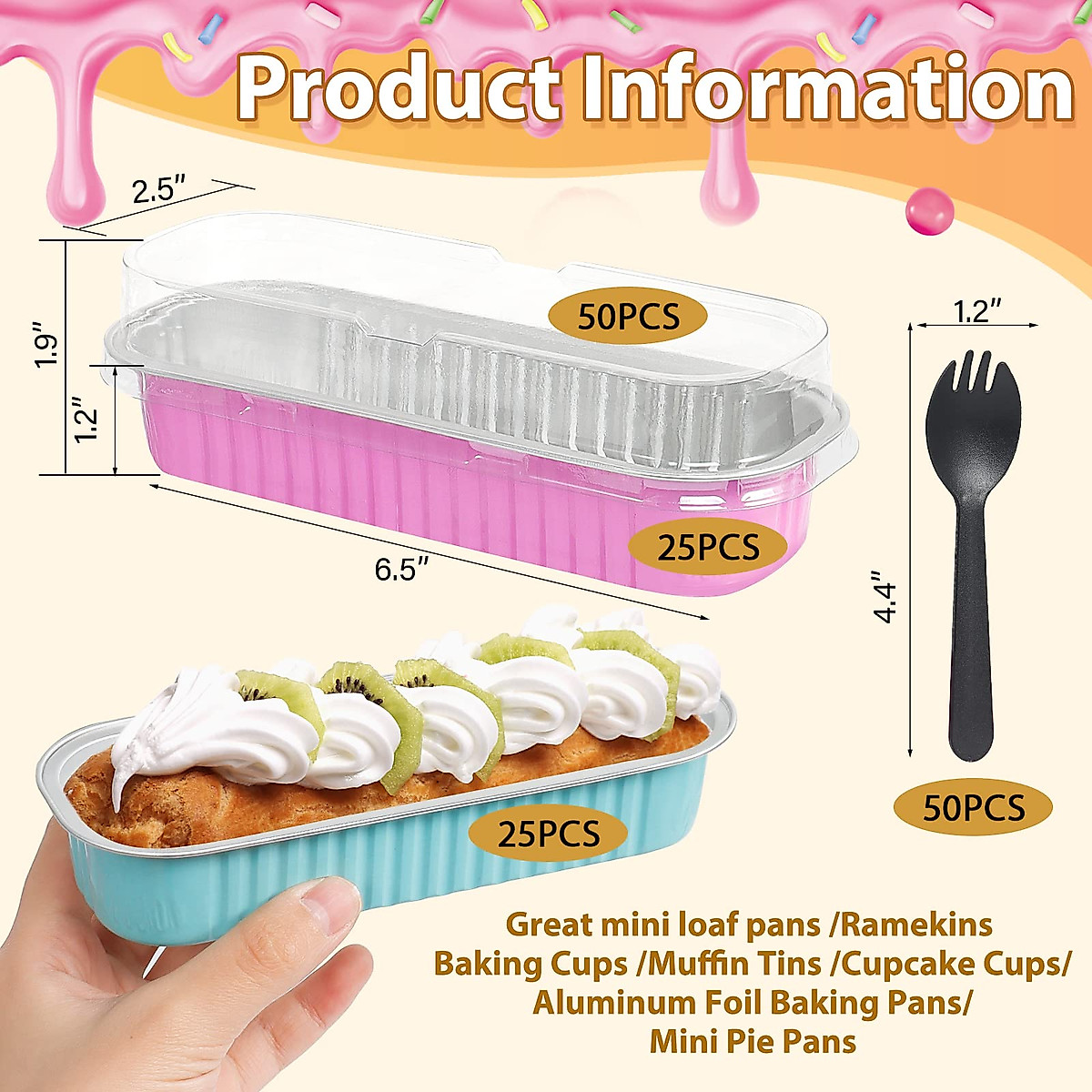 DI QIU REN 50Pack Disposable Mini Loaf Pan with Lid and Spoon, 0.42 Pound Rectangular Aluminum Silver Mini Loaf Pan for Loaf, Cake, Brownie, Cupcake
