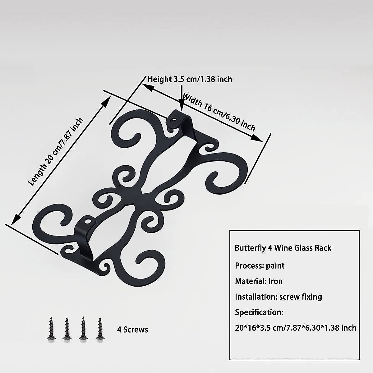 MANLUYEE SNKINE Hanging Wine Glass Rack - Butterfly Stemware Racks Under Cabinet Wine Glasses Holder Shelf Black Iron 7.87" Storage Hanger for Bar Kitchen (1 Packs)