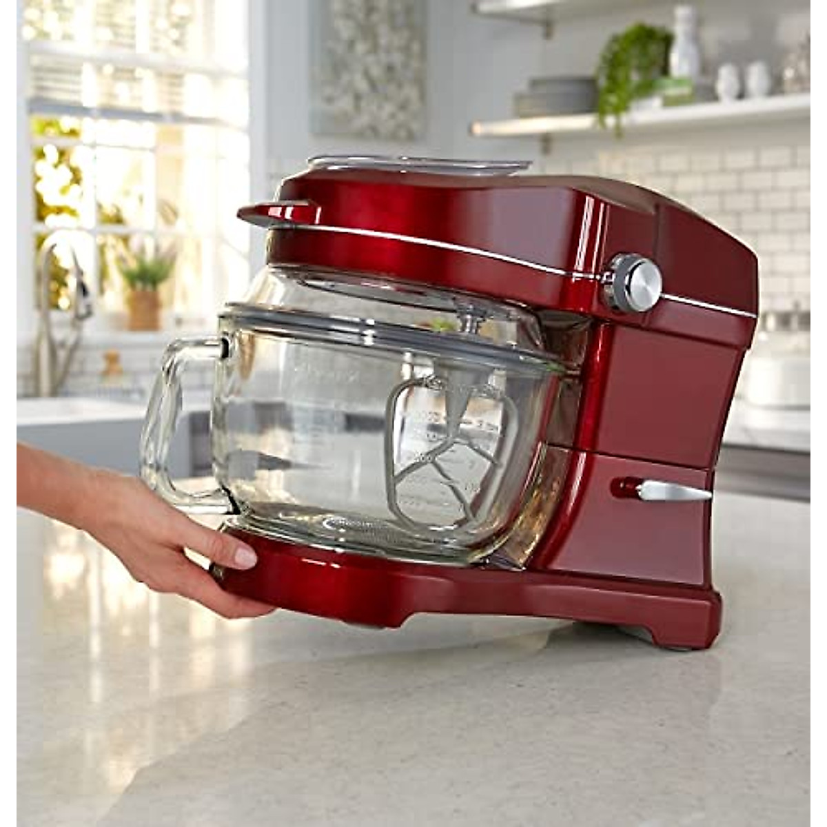 Kenmore Elite Ovation Electric Stand Mixer 5 Qt 500 Watt 10-Speed Motor Revolutionary Pour-In Top Tilt Head Beater Whisk Dough Hook Planetary Mixing 360-Degree Splash Guard Glass Bowl with Lid, Red