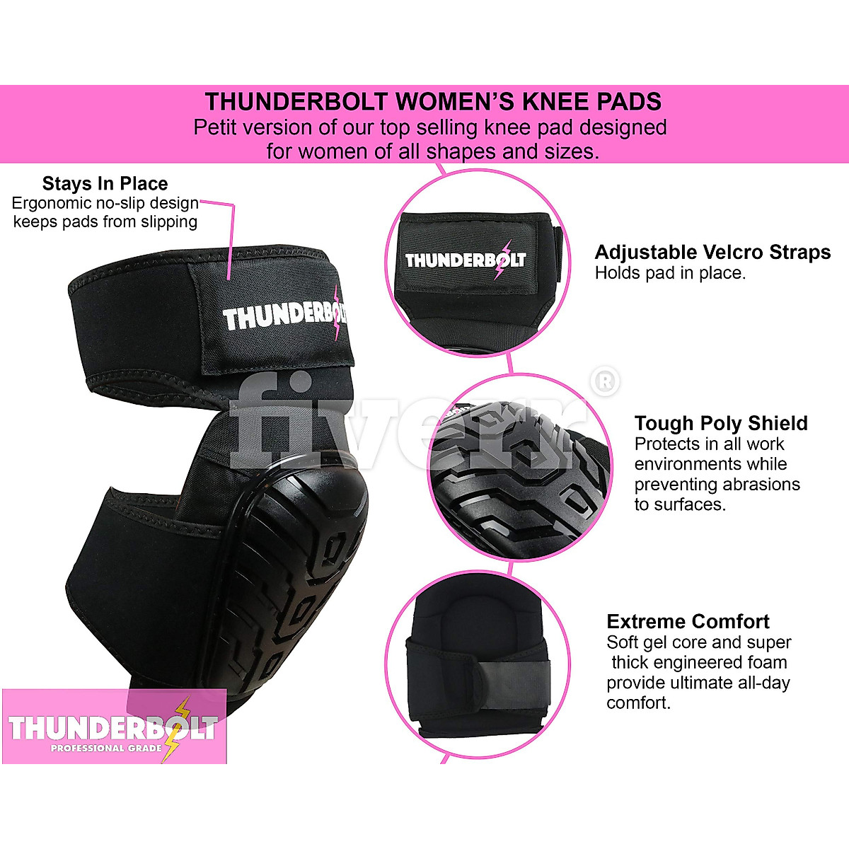 Thunderbolt Knee Pads for Women for Work for Flooring, Gardening, Cleaning, Tile Work, with Comfortable Gel Cushion and Anti-Slip Straps