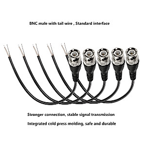 MEIRIYFA BNC Pigtail Cable Bare Wire, BNC Male Coaxial Connector Extension Plug with Open End Wire for CCTV Camera Terminal Adpater (5pcs BNC Male)