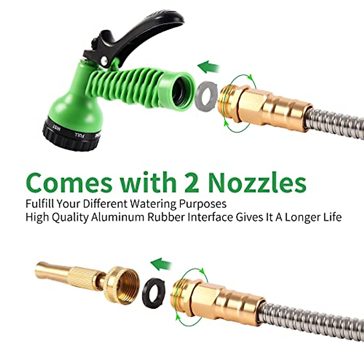 Yereen Metal Garden Hose 25FT, 304 Stainless Steel Garden Hose with 3/4" Solid Brass Fittings and 2 Function Nozzle, Kink Free Flexible Outdoor Water Hose