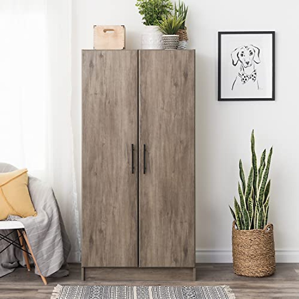 Prepac Elite Functional Wardrobe Closet Cabinet with Hanging Rail, Simplistic 2-Door Armoire Portable Closet 20" D x 32" W x 65" H, Drifted Gray, DEW-3264