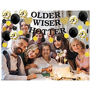 OLDER WISER HOTTER Banner Funny Birthday Party Decoration Supplies Glitter Hanging Garland Kit 10pcs Balloons Bunting 30th 40th 50h 60th 70th 80th Birthday Party Photobooth Backdrop Adult Black Gold