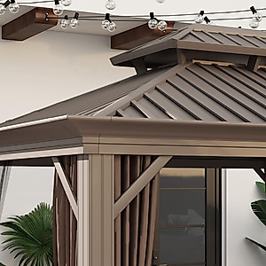 Outsunny 10' x 12' Hardtop Gazebo with Curtains and Netting, Permanent Pavilion Metal Double Roof Gazebo Canopy with Aluminum Frame and Hooks, for Garden, Patio, Backyard, Dark Brown