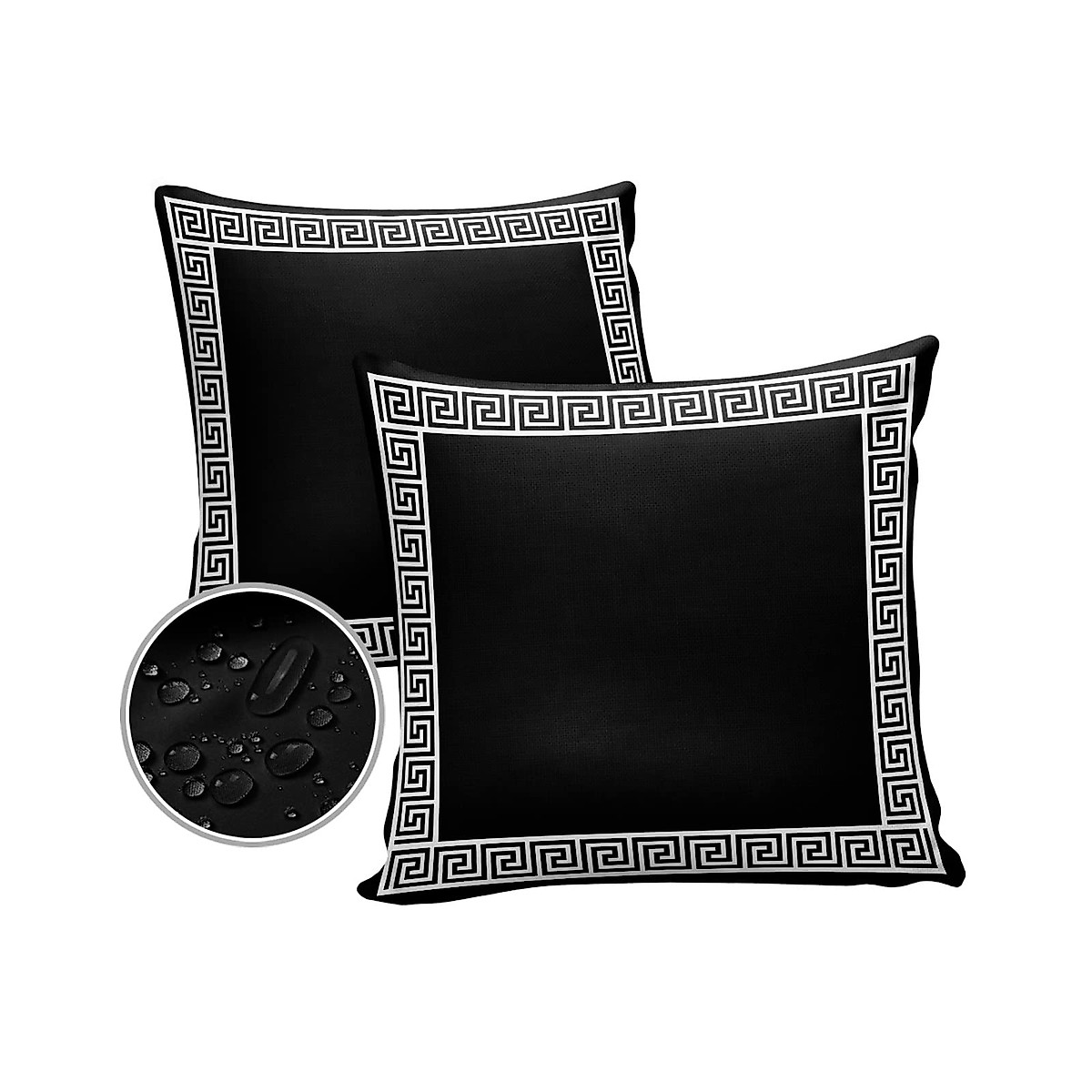 Funy Decor Waterproof Outdoor Throw Pillow Cover Geometric Greek Key Design Lumbar Pillowcases Set of 2 Black Decorative Patio Furniture Pillows for Couch Garden 18x18 inch