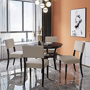 Merax Round Dining Table Set for 4, Farmhouse Kitchen Table Set with 4 Upholstered Chairs and Storage Shlef for Kitchen, Dining Room, Small Space, Espresso