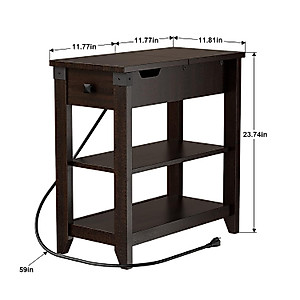 Set of 2 Narrow End Tables, Flip Top Side Tables with Charging Station, Farmhouse Nightstands with Storage for Small Spaces, Sofa Bedside Tables for Living Room and Bedroom, Espresso