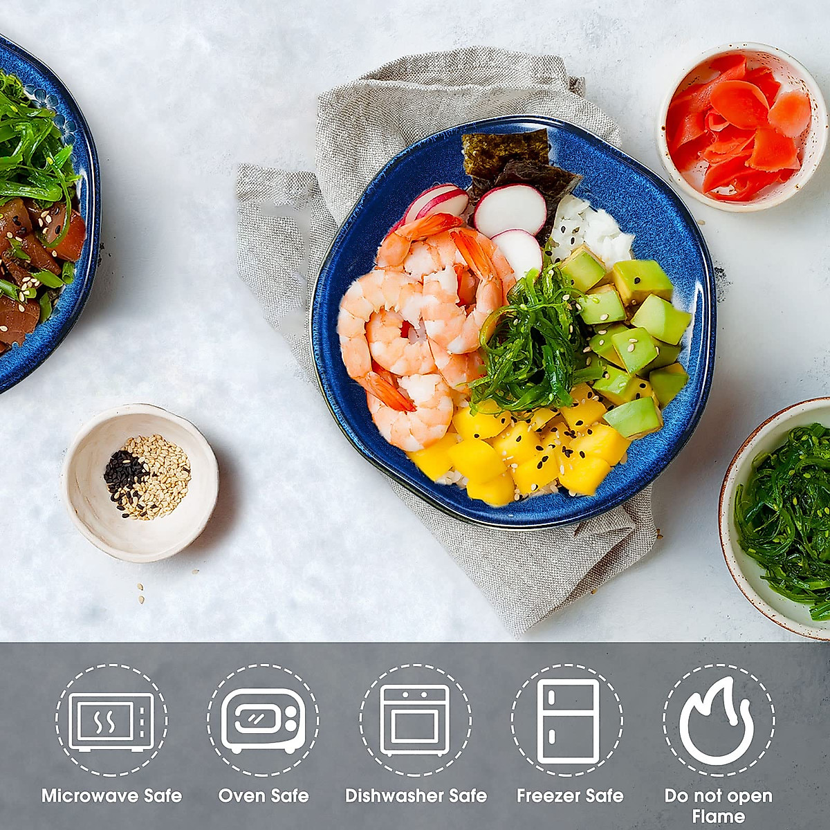 3 Pieces Ceramic Salad Bowls Ramen Bowls Blue Mixing Bowls Porcelain Serving Bowls Ceramic Microwave and Dishwasher Safe for Soup Pasta Noodles Salad Nesting Bowls, 13 Oz 27 Oz 47 Oz