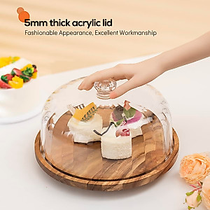 Cutesun Wood Cake Stand with Lid, 11.8'' Rotating Cake Stand with Dome, Shaterproof 10.4'' Acrylic Cake Display Cover, Cake Holder Tray for Wedding Gift，Kitchen,Birthday,Parties,Baking Gifts