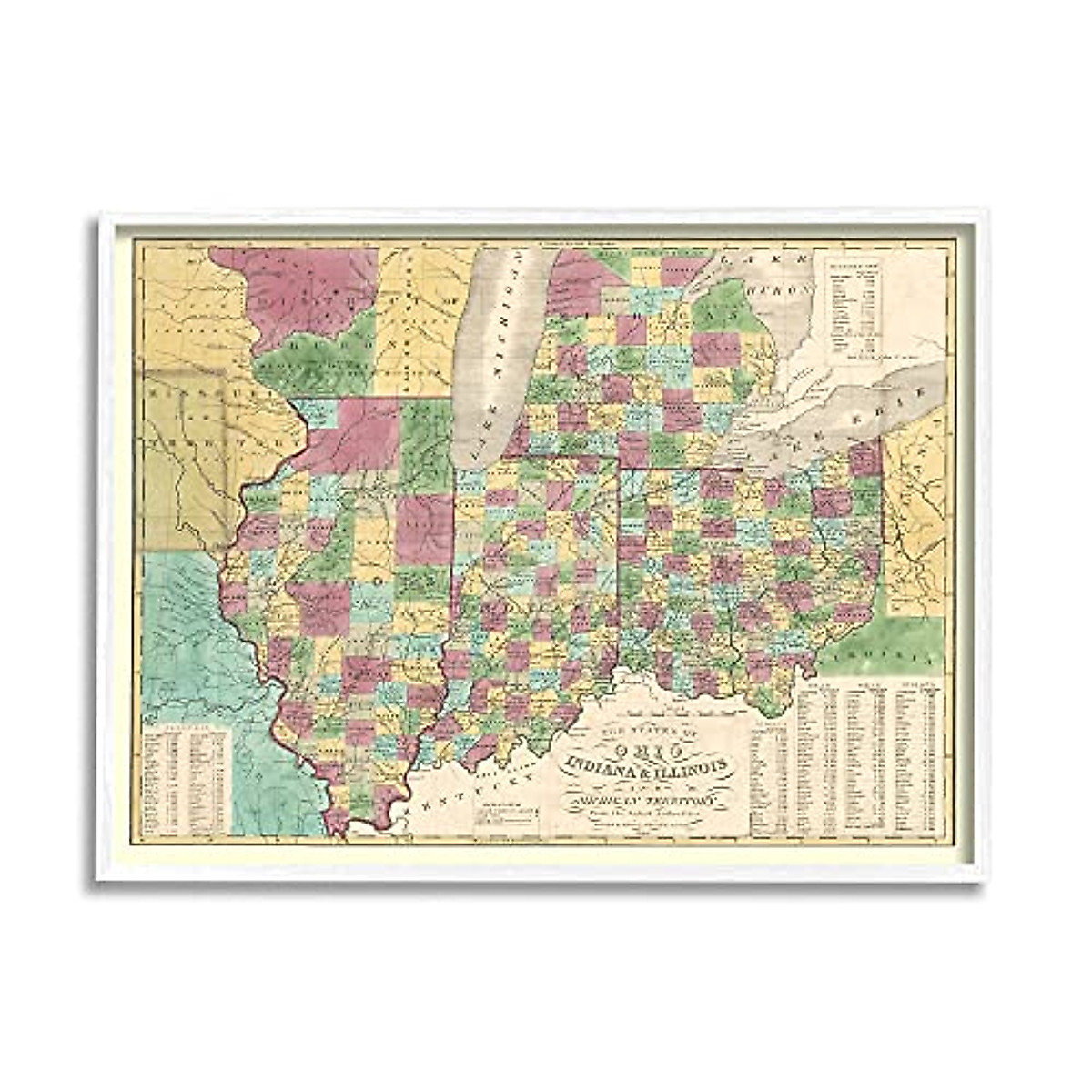 Stupell Industries Vintage US State Map Ohio Indiana Illinois Cartography, Design by Daphne Polselli White Framed Wall Art, 14 x 11