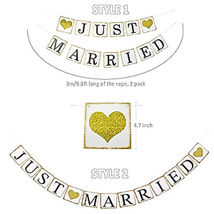 JUST MARRIED Banner Car Decorations, Gold Glitter Just Married Sign Garland for Bridal Shower Decorations, Photo Props and Car Decorations