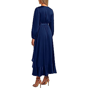 PRETTYGARDEN Women's 2023 Fall Dresses Casual Long Sleeve Wrap V Neck Maxi Dress High Low Wedding Guest Dress Ruffle Hem (Navy,Large)