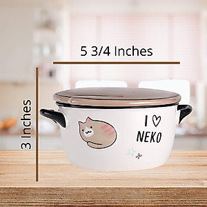 White and Brown Ceramic Japanese Bowl with Lid and Mini Handles, Neko Lucky Cat Microwavable Dish for Noodles and Rice, 5 3/4 Inches