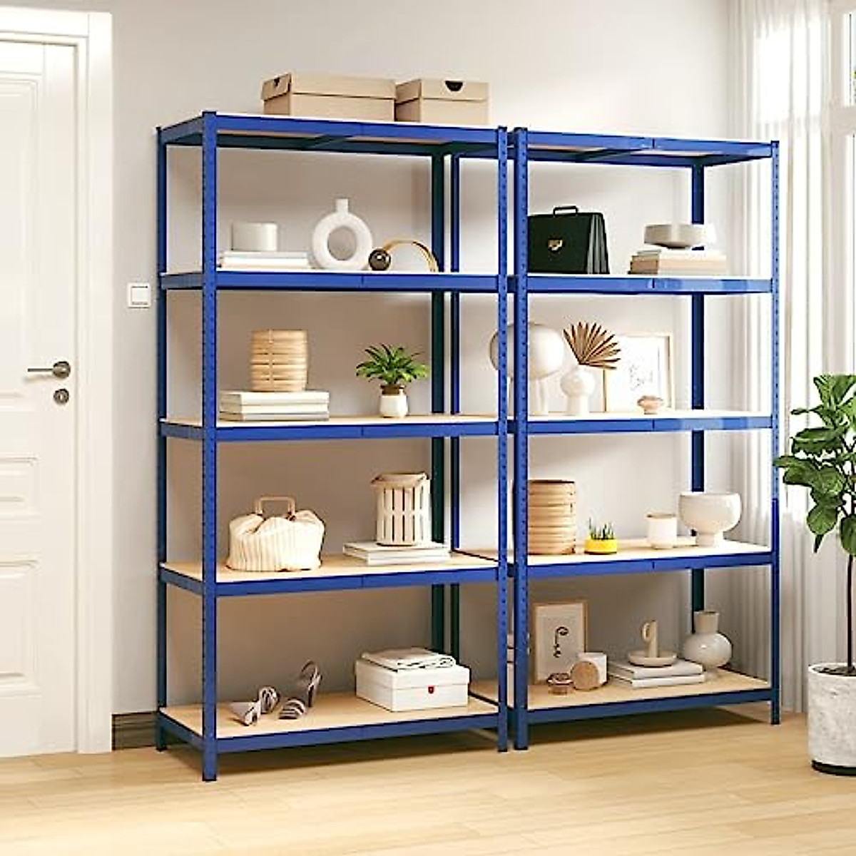 vidaXL - Durable 5-Layer Shelves, 2 pcs, Industrial Style, Galvanized Steel & Engineered Wood, Generous Storage Space, Blue