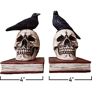 DWK - Murder and Mystery - Ravens on Skulls Bookends Gothic Poe Crow Reading Bookshelf Theme for Your Library Home Décor Book Shelf Accent 8.5 Inches in Length