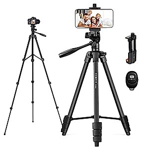 55" Phone Tripod, PHOPIK Aluminum Extendable Tripod Stand with Shutter, Carrying Bag, Compatible with iPhone/Android/Sport Camera Perfect for Video Recording/Selfies/Live Stream/Vlogging
