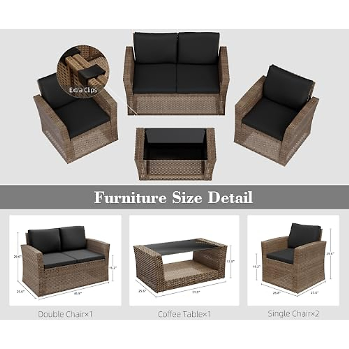 LHBcraft 4PCS Patio Furniture Set, Outdoor Conversation Sets with Rattan Chair Table, Wicker Loveseat Sofa Bistro for Garden, Pool, Backyard