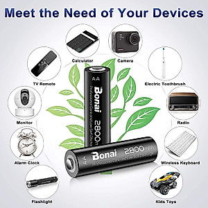 BONAI Rechargeable AA Batteries 2800mAh High Capacity, Recharge up to 1200x Times, Pre-Charged, Low Self Discharge Ni-MH AA Battery-16 Count