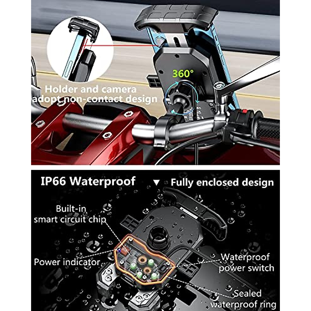 KEWIG Waterproof Motorcycle Phone Mount Qi 15W Wireless & USB C 20W Fast Chargeing Port, One-Push Automatically Lock & Quick Release Handlebar Cell Phone Holder for 4-7'' Phones