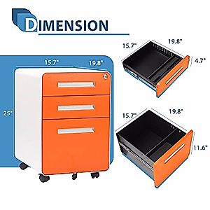Superday Metal File Cabinet with Wheels and Keys, 3 Drawer Filing Cabinet Pre-Assembled, Mobile Under Desk Storage Cabinet for A4/Letter/Legal, Orange
