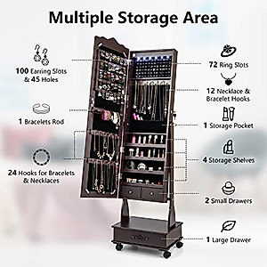 COSTWAY 6 LEDs Mirror Jewelry Cabinet with Wheels, Lockable Jewelry Storage Organizer w/Full-Length Mirror and 3 Adjustable Angles, Floor Standing Jewelry Armoire for Living Room Bedroom (Brown)