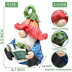 Sinhra Garden Gnome Statue-Resin Gnome Figurine Hugging Turtle Reading Book with Solar LED Lights，Outdoor Summer Decorations for Patio Yard Lawn Porch,Garden Ornament Gift