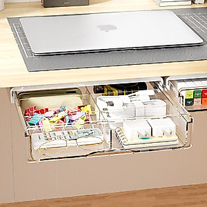 COZYWELL 2 PACK Under Desk Storage Drawers With Divider, Self-Adhesive Under Desk Drawers for Home Bedroom Office Kitchen Stationary Organization, 1 Large Drawer & 1 Medium Drawer