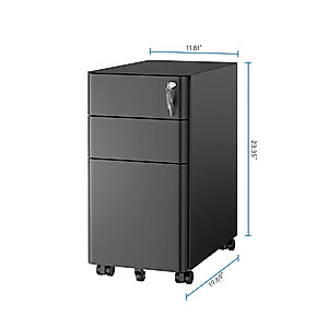 Mount-It! Slim Rolling Under Desk Cabinet, Mobile Filing Cabinet with 3 Drawers and Lock for Home & Office Storage, Black
