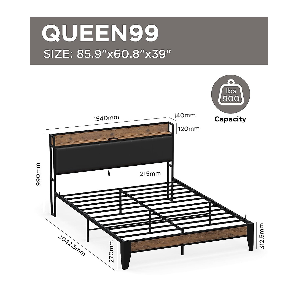 BUCOTOD Bed Frame with Storage Headboard, Built-in Charging Station, Easy Assembly, Noise Free, Non-Slip Design, Sturdy and Stable, No Box Spring Needed, Heavy Duty Metal Support Bed Frame-QUEEN99