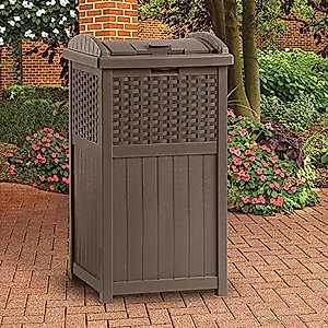 Suncast 73 Gallon Deck Box & Wicker Trash Hideaway Outdoor Garbage Bin, Java