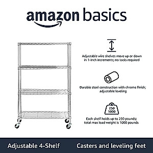 Amazon Basics 4-Shelf Adjustable, Heavy Duty Storage Shelving Unit on 3'' Wheel Casters, Metal Organizer Wire Rack, Chrome, 36" L x 14" W x 57.8" H