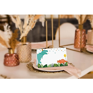 Table Place Card, Dinosaur Themed Tent Style Cards, Pack of 25 Half-Fold Reception Place Card, Green Blue Dino Food Labels, Perfect for Baby Shower, Dinosaur Birthday Party C07