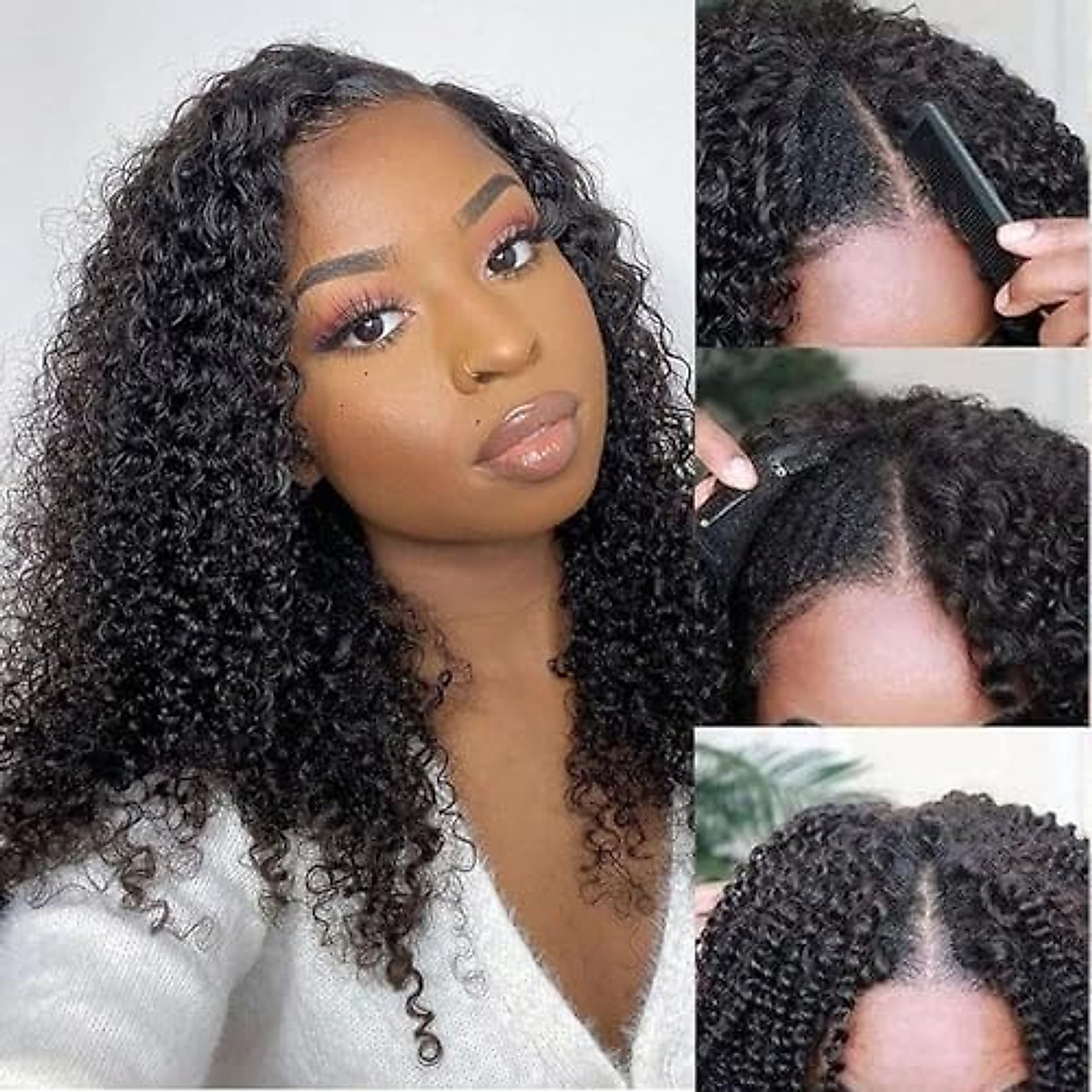 Kiqibeauty V Part Wig Human Hair For Black Women Upgrade U Part Wig Human Hair Kinky Curly Wig 100% Virgin Hair Glueless Wear and Go Wig Minimal Leave Out 200% Density (Kinky Curly, 16 Inch)