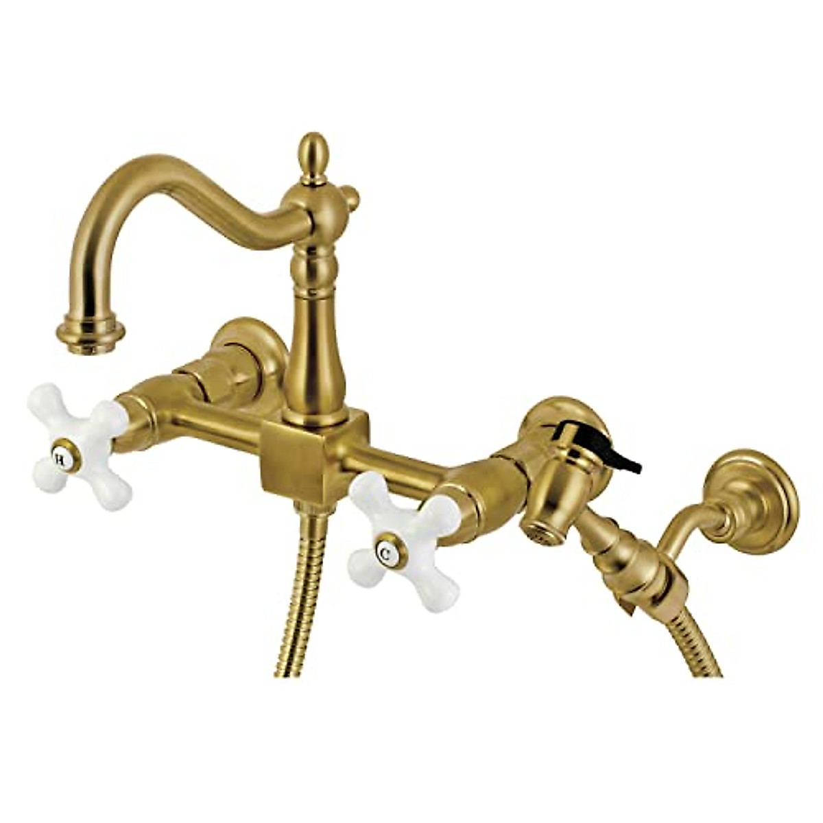 Kingston Brass KS1267PXBS Heritage 8-Inch Centerset Wall Mount Kitchen Faucet with Brass Sprayer, Brushed Brass