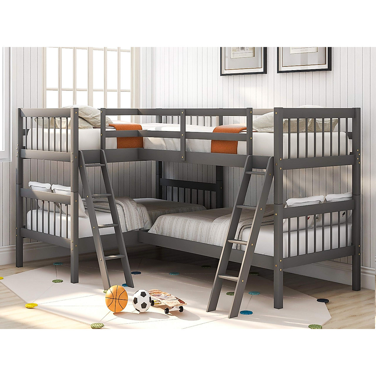 P PURLOVE Twin Over Twin Bunk Bed, L-Shaped Twin Size Bunk Bed Frame Wood Slat Support No Box Spring Needed (Gray)